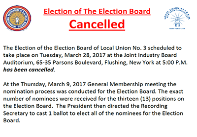 Election of The Election Board Cancelled | Local Union No. 3 IBEW